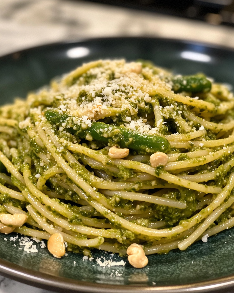 Green Bean Pasta with Cashew Pesto - My Coffee Has Butter