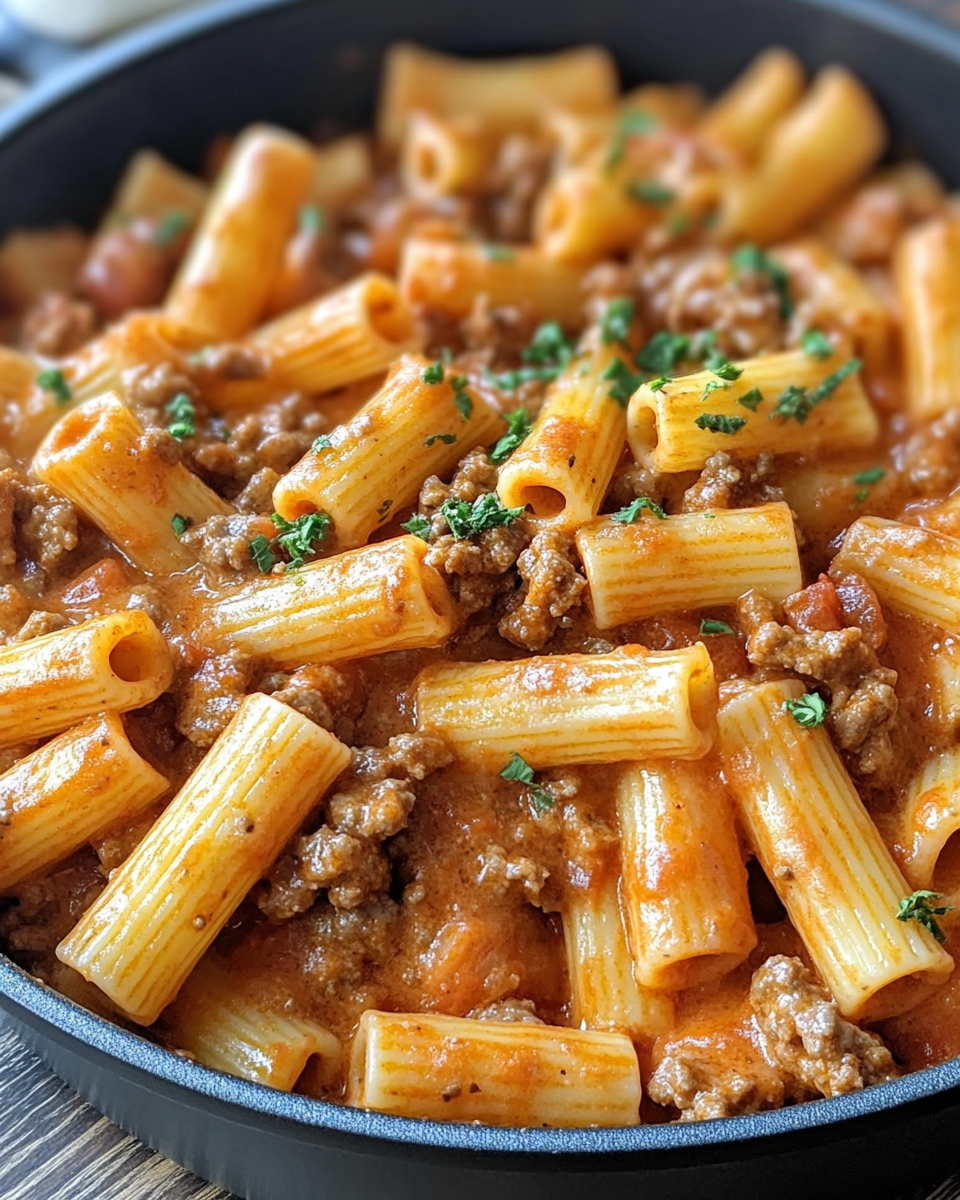 One Pot Creamy Tomato Beef Pasta - My Coffee Has Butter