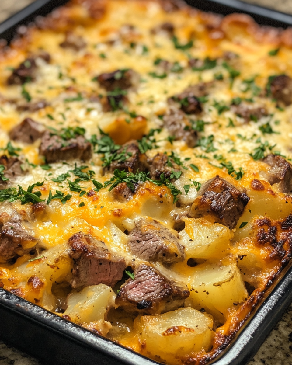 Garlic Butter Steak & Cheddar Potato Bake - My Coffee Has Butter