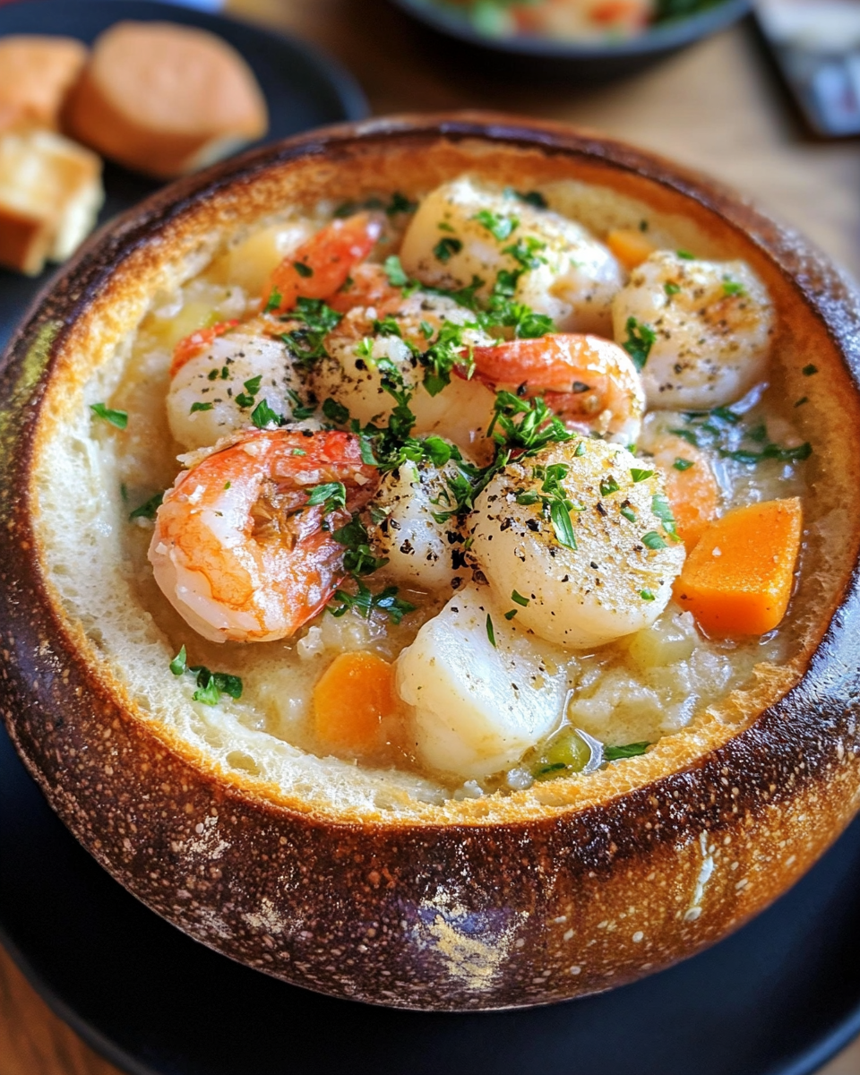 Stuffed Seafood Soup Bread Bowl - My Coffee Has Butter